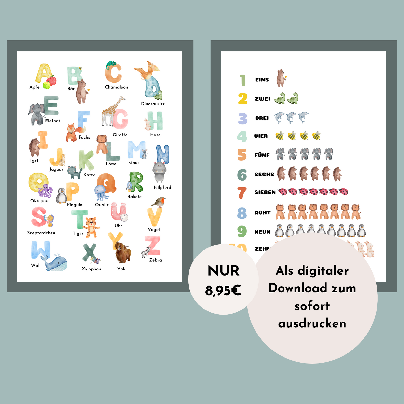 Lernposter-Set für Kinder / ABC Poster und Zahlenposter | digital download | Kindly-shop.com